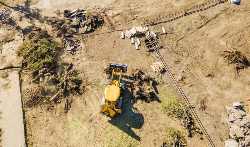 Top Aerial View of Big Wheel Loader Excavator Bulldozer Work on a ...