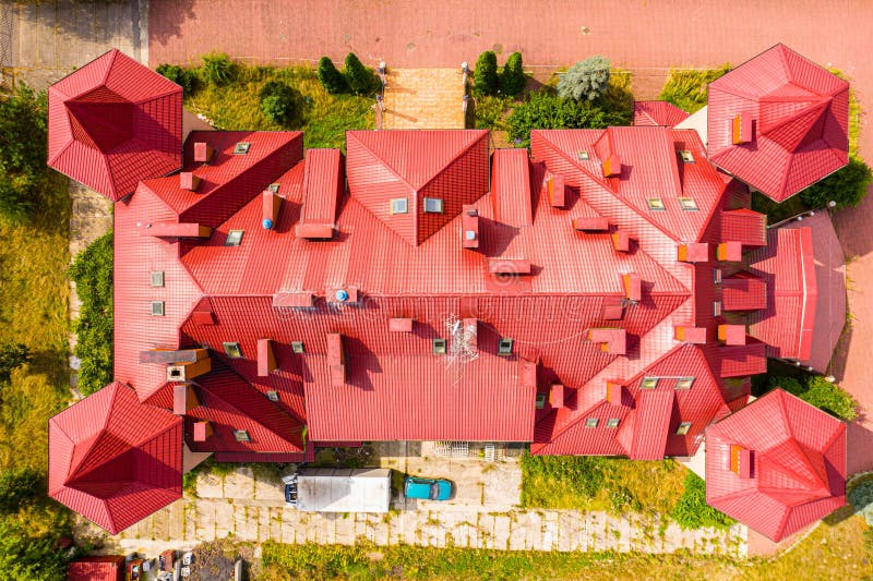 Top Aerial View of Building Complex Shingle Roof Construction. Abstract ...