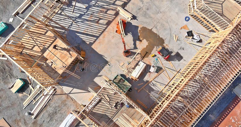 Top Aerial View New Framing Stick Built Building of Beams on New Home ...