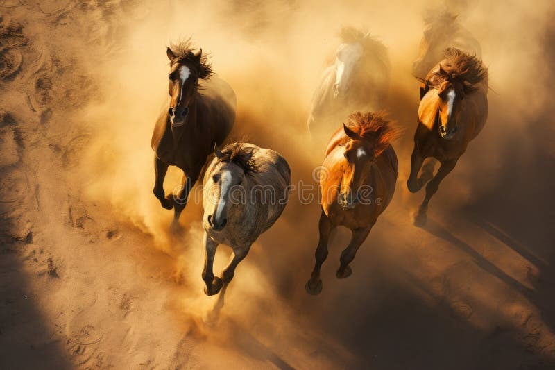 Top Angle Shot of a Herd of Horses Running in the Desert in the Dust ...