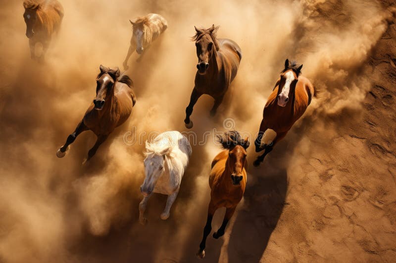 Top Angle Shot of a Herd of Horses Running on the Sand in the Dust ...