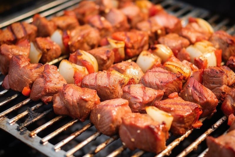 Top Angle View of Garlic Bbq Steak Tips on a Barbecue Grill Stock Photo ...
