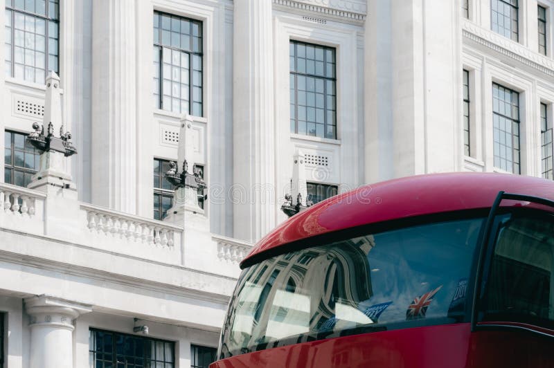 Top of British Red Double Decker Bus with Reflection of Union Jack Flag ...