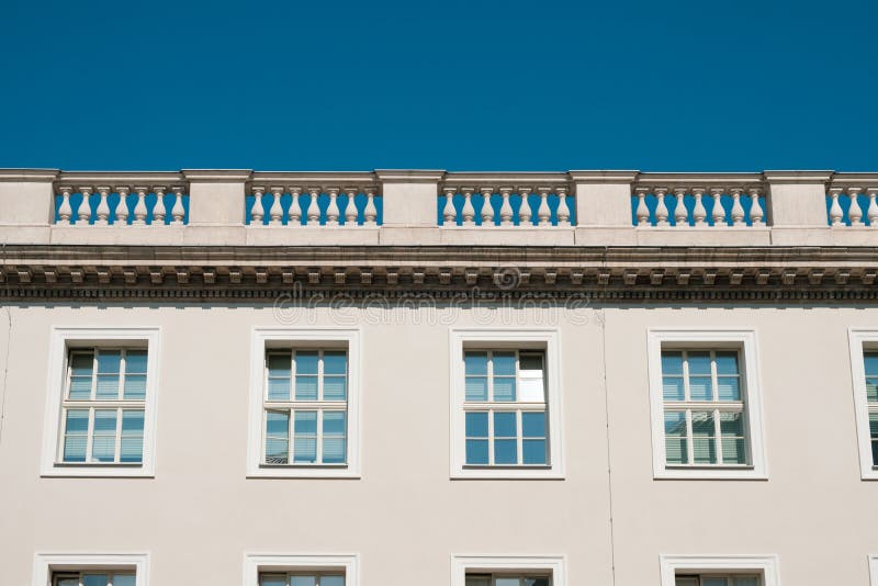 Top of Building Facade with Terrace Balustrade and Blue Sky Stock Image ...