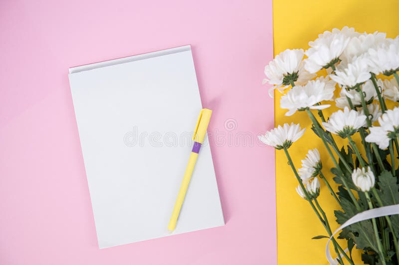 A Clean Notebook and Pen on a Light Pink Table Stock Image - Image of ...