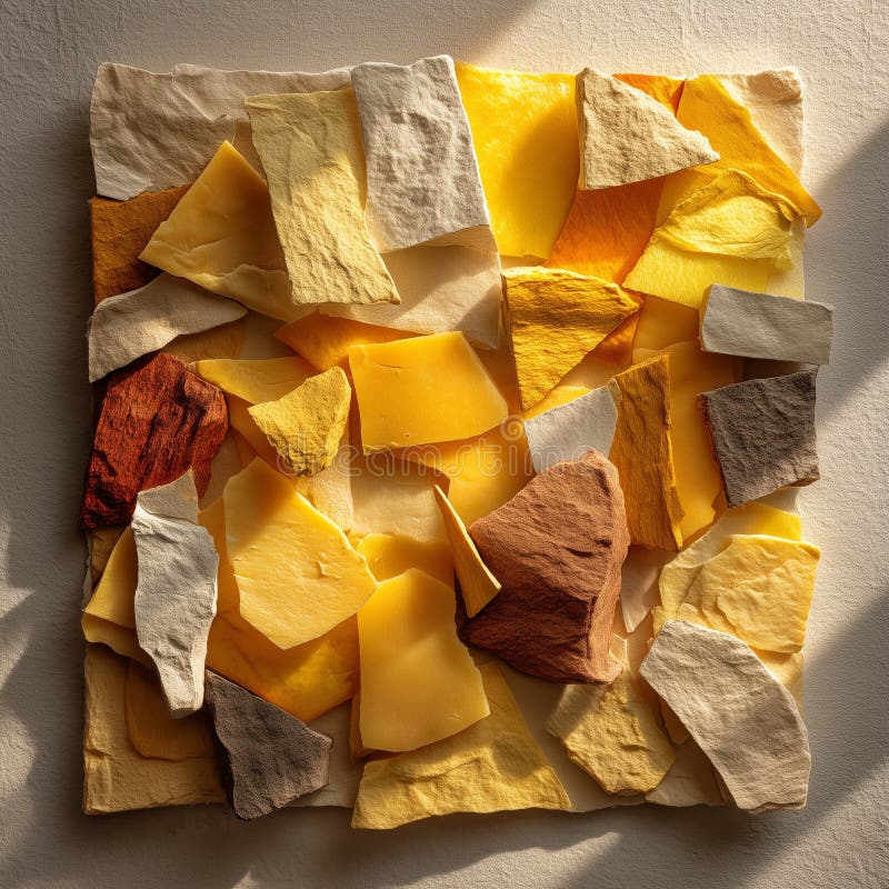 Top-down Abstract Collage of Irregular Cheese Fragments on Parchment ...