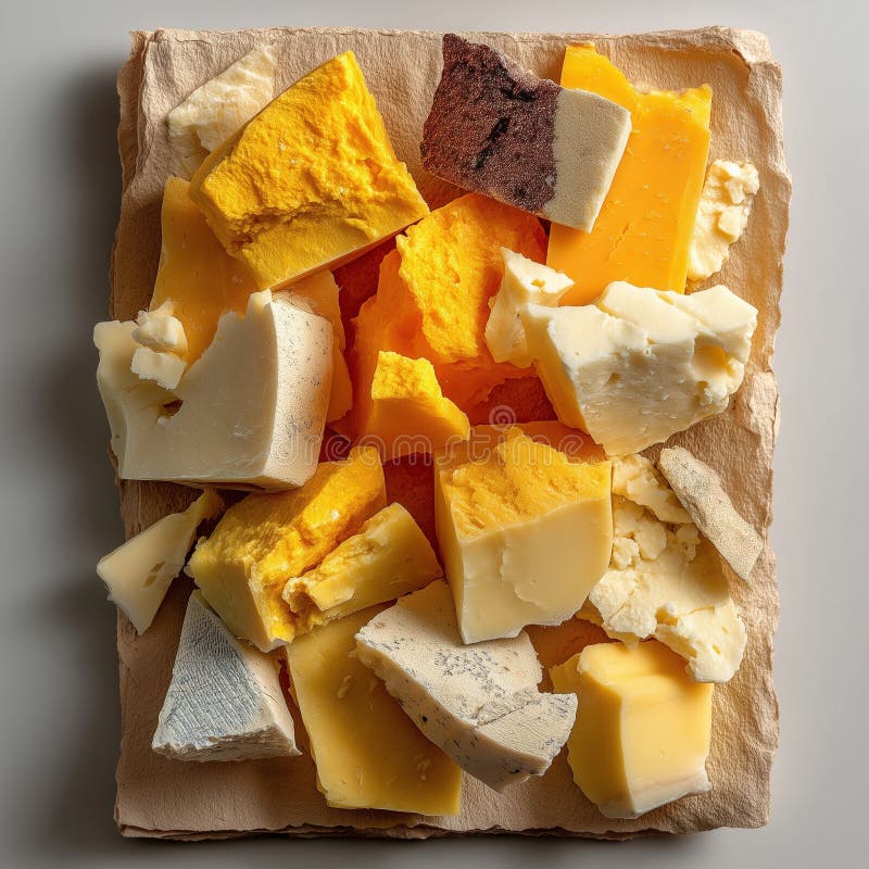 Top-down Abstract Collage of Irregular Cheese Fragments on Parchment ...