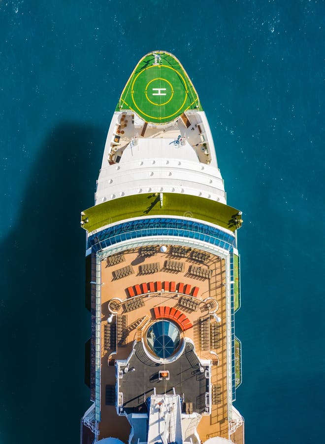 Top Down Aerial View of the Bow of the Cruise Ship with Helipad ...