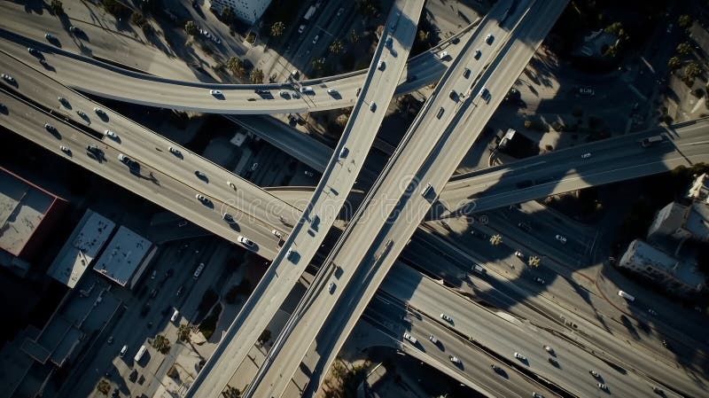 Top-Down Aerial View of a Complex Freeway Intersection with Traffic on ...