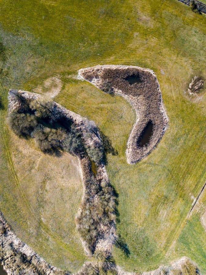 Top Down Aerial View with Early Spring Meadows and River Stock Photo ...