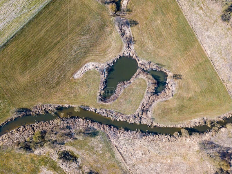 Top Down Aerial View with Early Spring Meadows and River Stock Photo ...