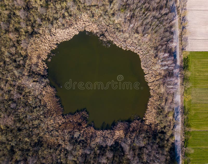 Top Down Aerial View with Early Spring Meadows and River Stock Photo ...