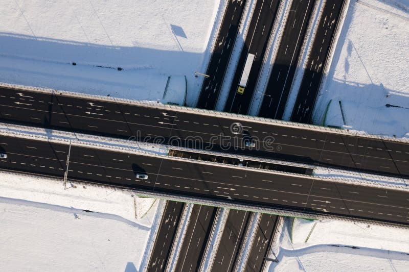 Top-Down Aerial View of Highway in Winter with Snow Stock Image - Image ...