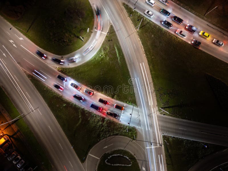 Top Down Aerial View of a Night Intersection with a Moving Traffic ...