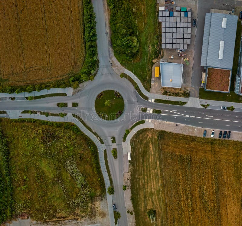 Top Down Aerial View of a Traffic Roundabout on a Main Road in Germany ...