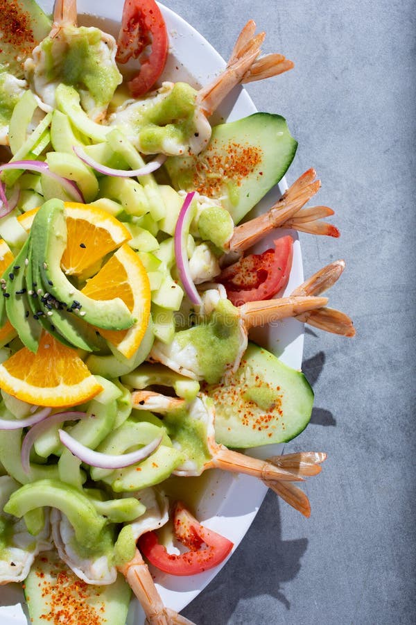 Top down aguachile plate stock image. Image of product - 281145241