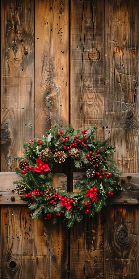 Top-down Angle of a Christmas Wreath on a Wooden Door. Stock ...
