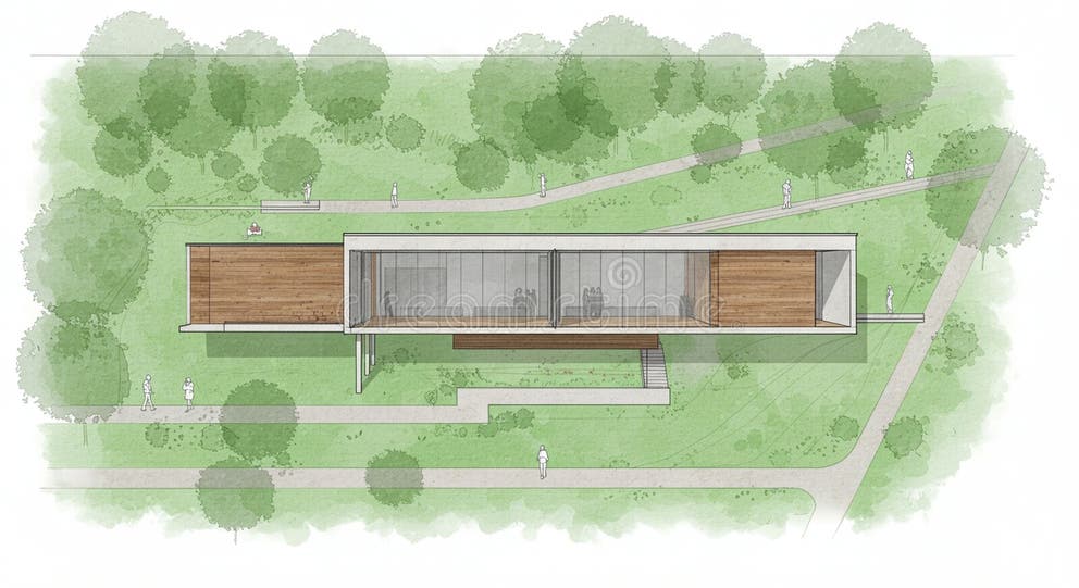Top-down Architectural Drawing of a Modern, Rectangular Building Set in ...