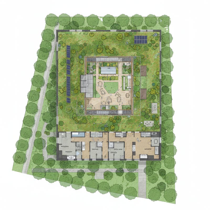 Top-down Architectural Plan of a Modern Building Featuring a Central ...
