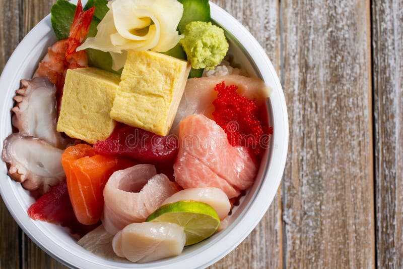 Top Down Bowl of Assorted Sushi Nigiri Sashimi Pieces Stock Photo ...