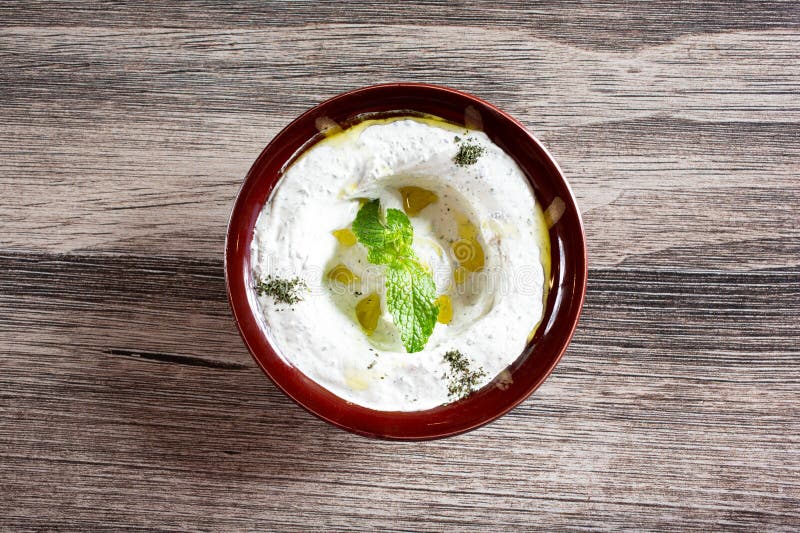 Top down bowl tzatziki stock image. Image of texture - 281143775