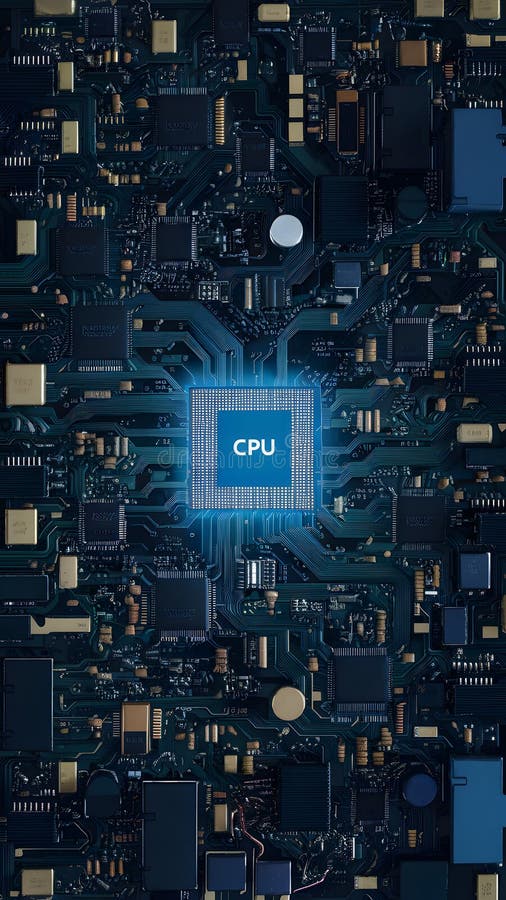 Top Down Circuit Board View, Blue Glowing CPU, Surrounded by Components ...