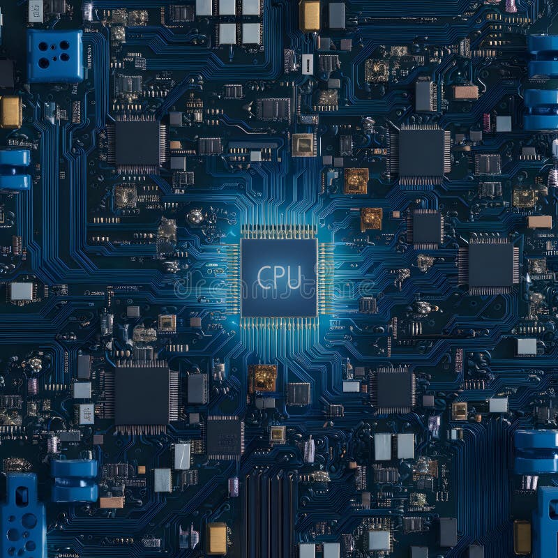 Top Down Circuit Board View, Blue Glowing CPU, Surrounded by Components ...
