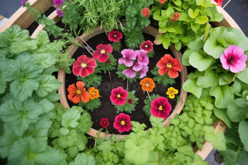 Top-down of Circular Flower Arrangement in a Raised Bed Stock Photo ...