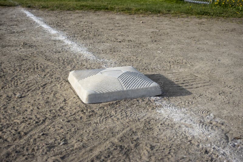 Top Down, Close Up View of a Base on a Clean Baseball Field on a Bright ...