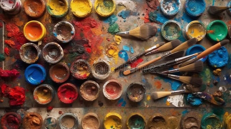Top-down Composition Features a Paint Brush Amidst an Assortment of ...