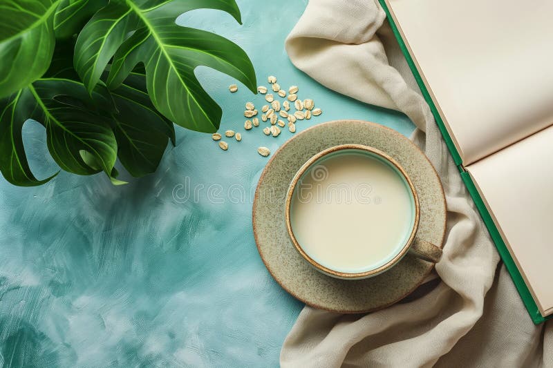 Top Down Composition with Oat Milk in a Cup, Open Blank Book or Notepad ...