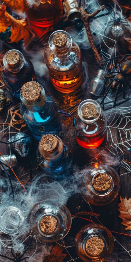 Top-Down Composition of Potion Bottles and Spider Webs for Halloween ...
