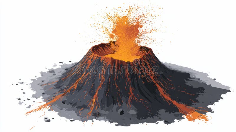 Top-down Cutout of Volcano Spewing Magma and Black Ash, White Isolated ...