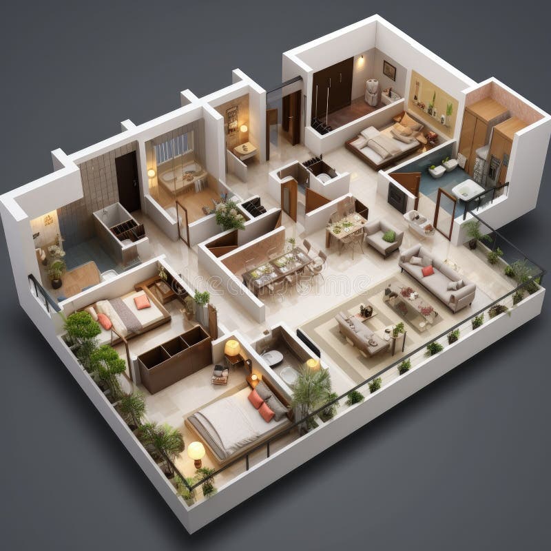 Top Down 3D View of a Modern Apartment Floor Plan Stock Illustration ...