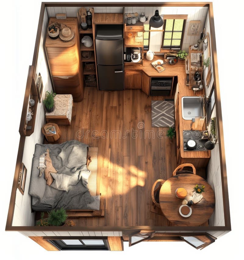 A Top-down 3D View of a Tiny House Floor Plan, Featuring a Cozy Bed ...