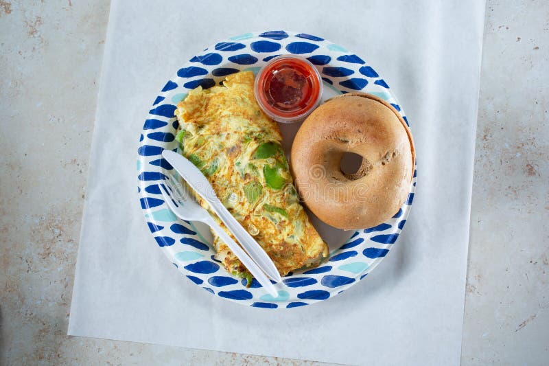 Top Down Denver Omelet Breakfast Plate, Bagel, Egg, Fork, Knife, Sauce ...