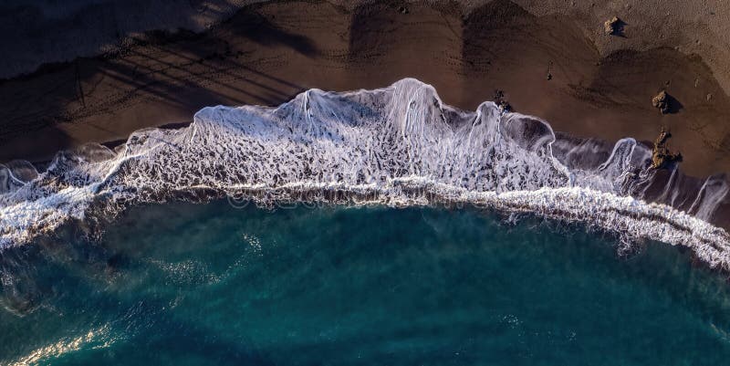 Top Down Drone Shot Black Sand Beach Stock Image - Image of shot, water ...