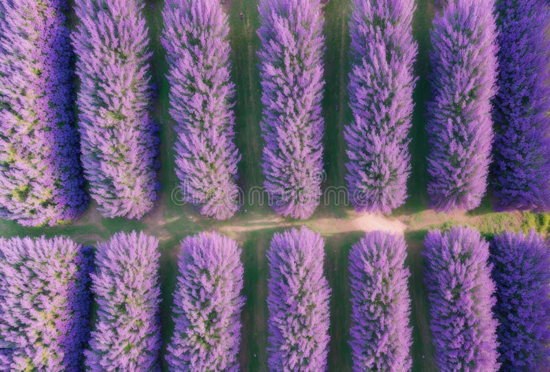 Top-down Drone View of Organized Lavender Rows with Blurred Background ...