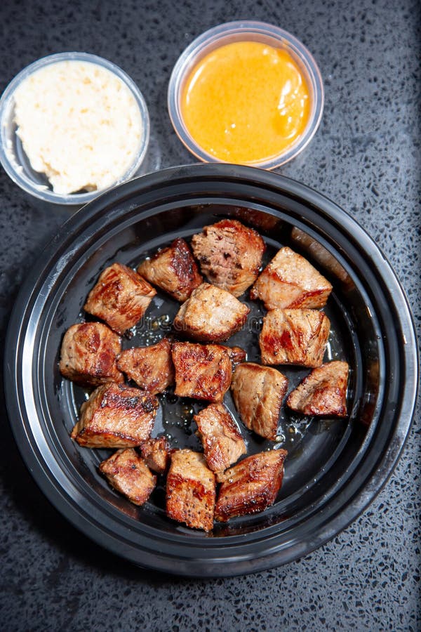 Top Down Food Plastic Container of Chopped Steak Cubes Stock Image ...
