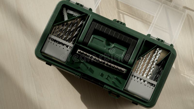 Top Down Green Tool Case. Carpenter at Work, Tools for Drilling Holes ...
