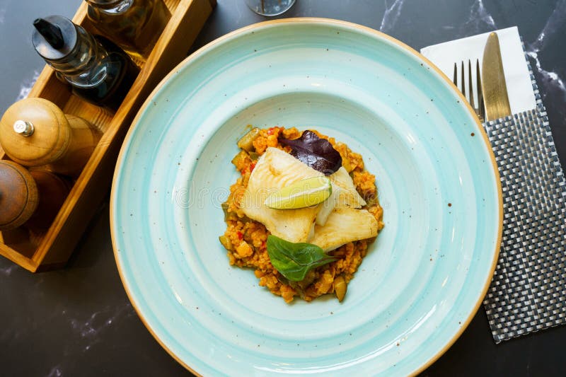 Top Down of Grilled Halibut Fish with Andalusian Ratatouille Stock ...
