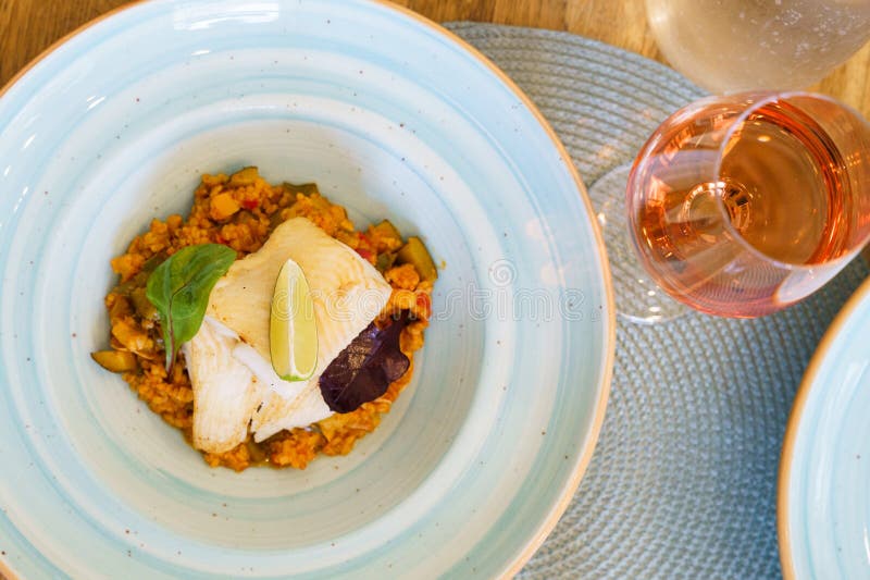 Top Down of Grilled Halibut Fish with Andalusian Ratatouille and a ...