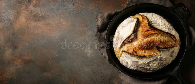 This Top-down Image Shows Sourdough Bread in a Cast Iron Pan Against a ...