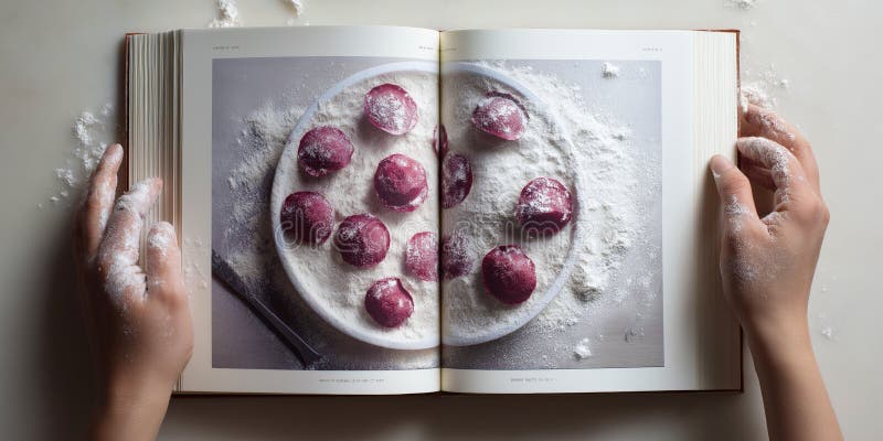 Top-down Layout of an Open Recipe Book with Step-by-step Images of Beet Ravioli Preparation ...