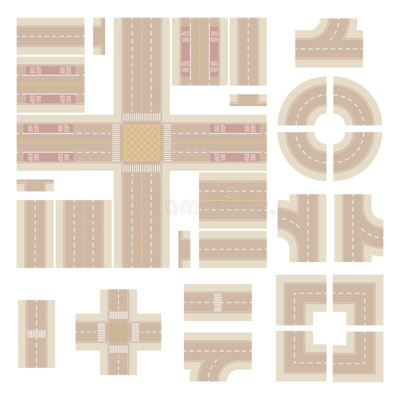 Top Down Light Brown Main Street and Road Building Kit Stock Vector ...