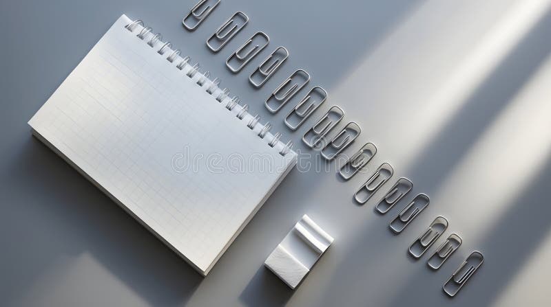 Top-Down Office Flat Lay with Notepad, Paper Clips, and Eraser on Gray ...