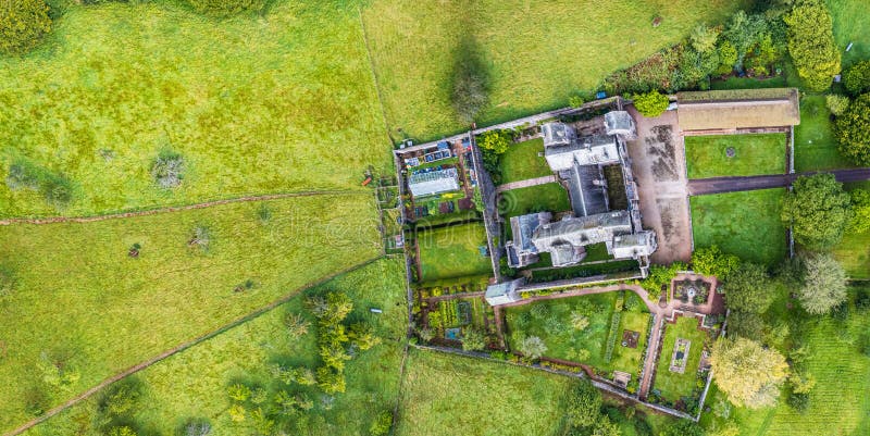 Top Down Panorama of Compton Castle from a Drone, Devon, England Stock ...