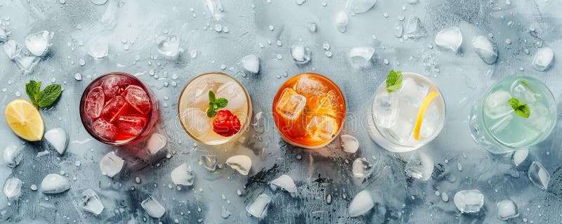 Top-down Perspective of Assorted Drinks with Ice on a Gray Surface ...