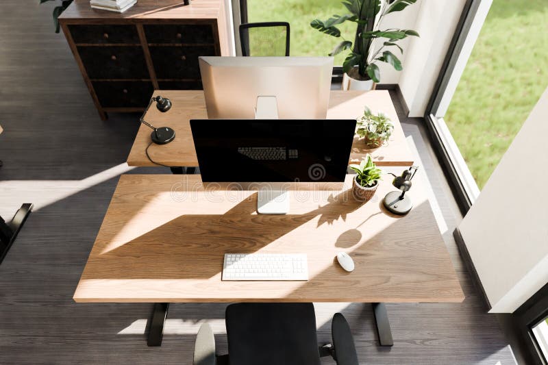 Top Down Perspective of Modern Minimalistic Pc Workspace in Luxurious ...