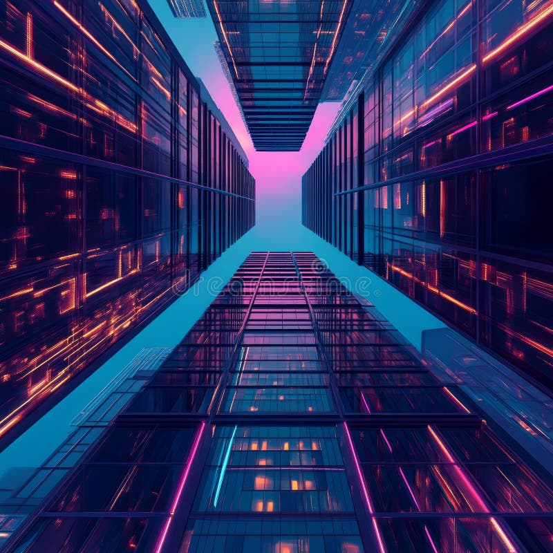 Top-down Perspective of a Modern Skyscraper with Retro Neon Lights ...